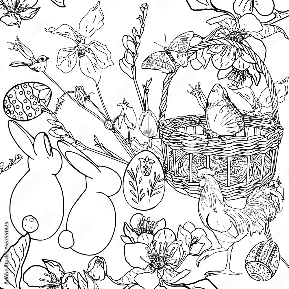Spring Easter background with creative cute bunny. Black and white ...