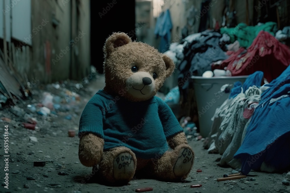 Old dirty teddy bear neglected on Dirty back street alley. Generative ...