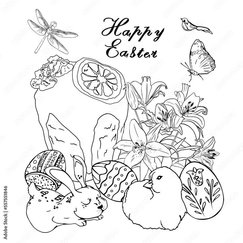 Spring Easter background with creative cute bunny. Black and white ...