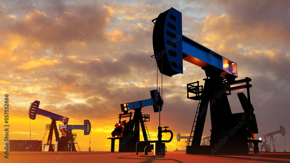 Natural oil field. Pumps for mining. Derricks at field for hydrocarbons ...