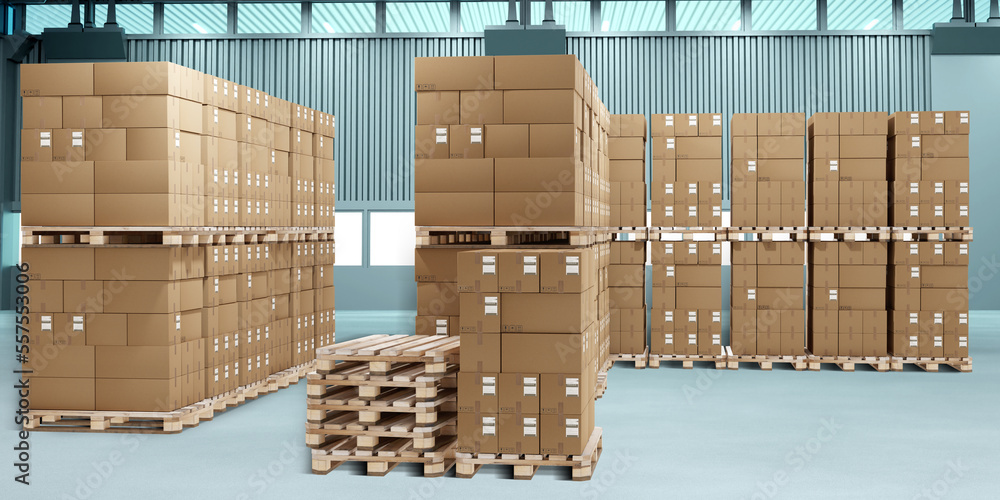 Boxes on pallets. Parcels are ready for transport. Boxes with white ...