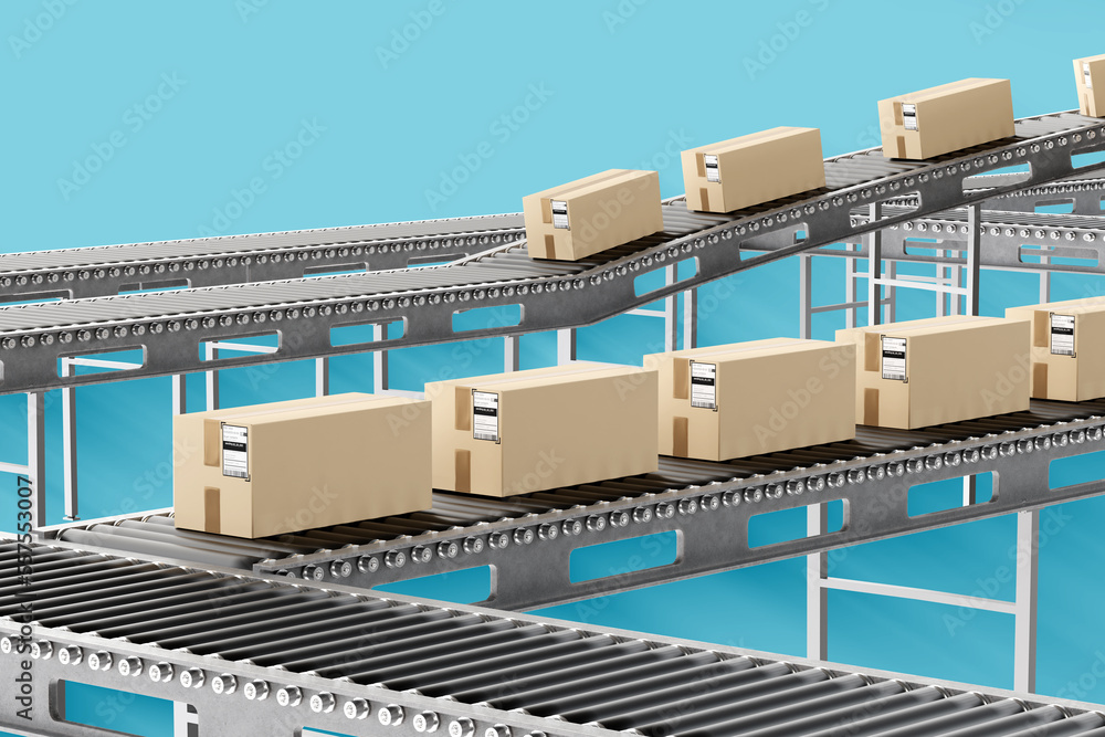 Production conveyor. Boxes with stickers on production line. Conveyor ...
