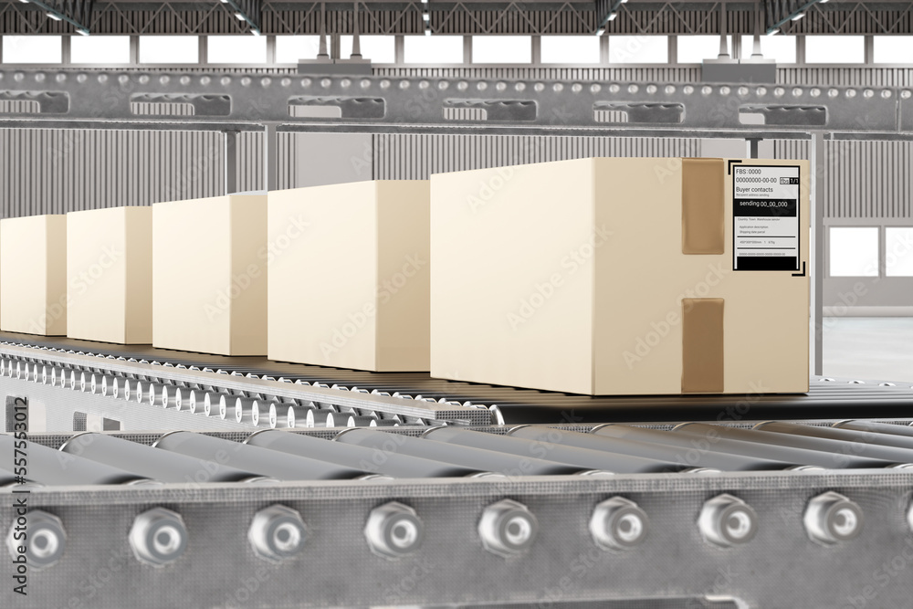 Conveyor with boxes. FBS parcels on automatic line. Fulfillment from ...