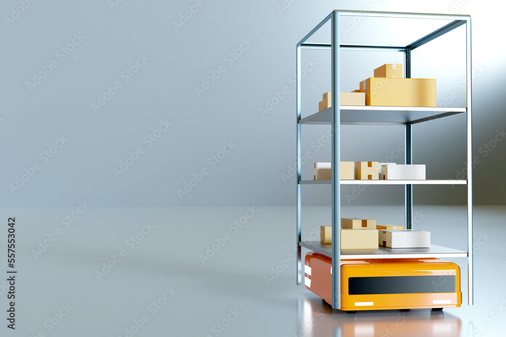 Retrieval Machine. Warehouse robot lifting rack. Retrieval Machine on ...