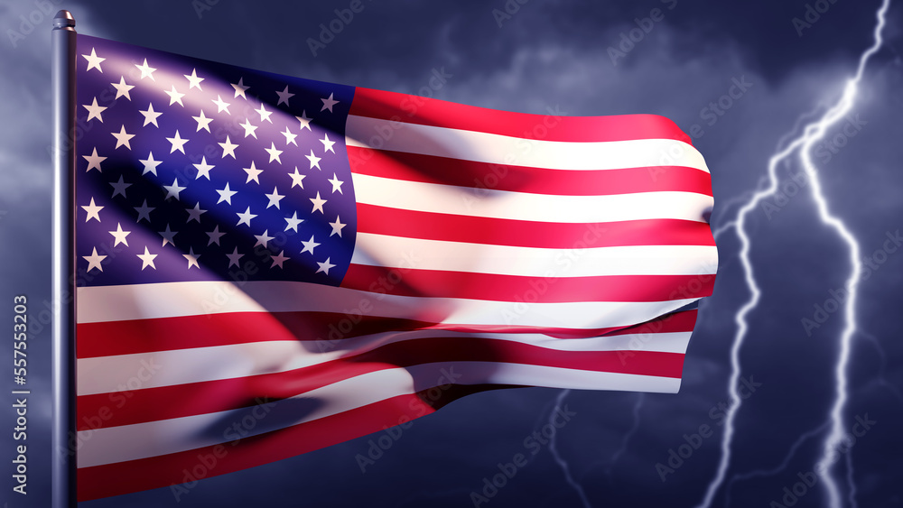 USA flag. Wavering banner of United States of America. USA symbol next ...