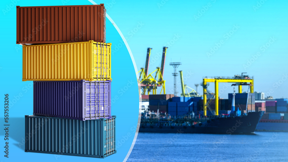Maritime logistics. Cargo containers different colors. Container ship ...