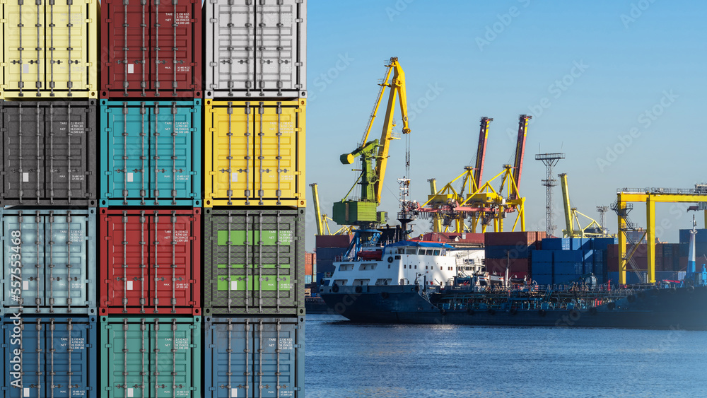 Foto de Marine logistics hub. Sea containers in cargo port. Cargo ...