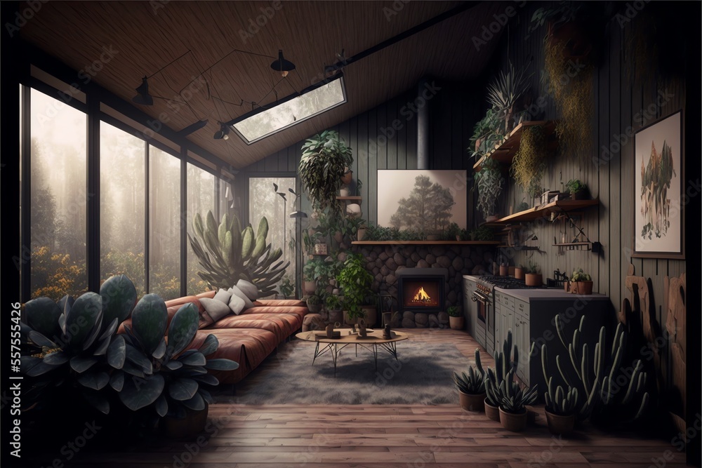 Modern forest cabin interior full of exotic house plants and succulents ...