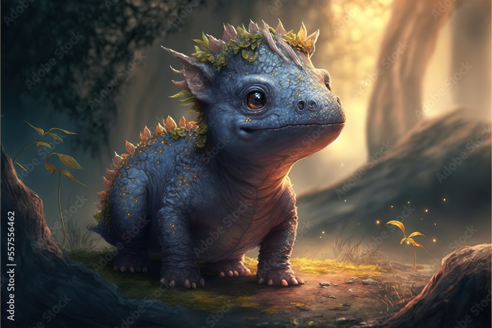 Magical fantasy baby dinosaur, Generative AI Stock Illustration | Adobe ...