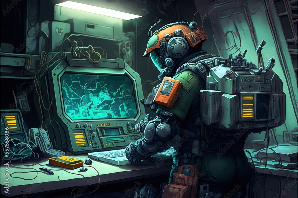 digital illustration of underground base of hero working station office ...