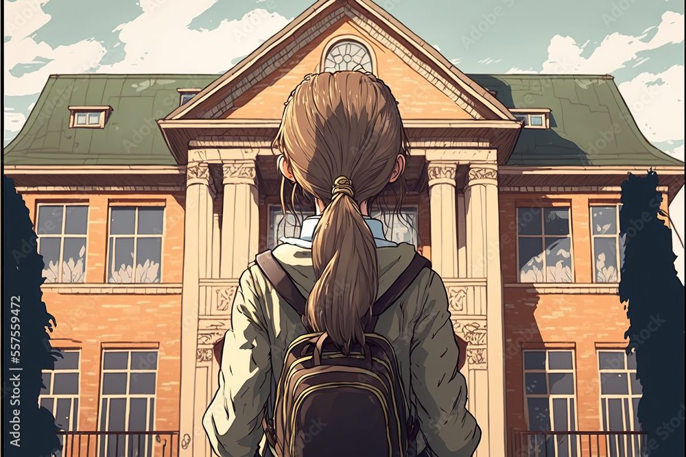 Teenage girl is afraid to return to school. She stand and look on ...