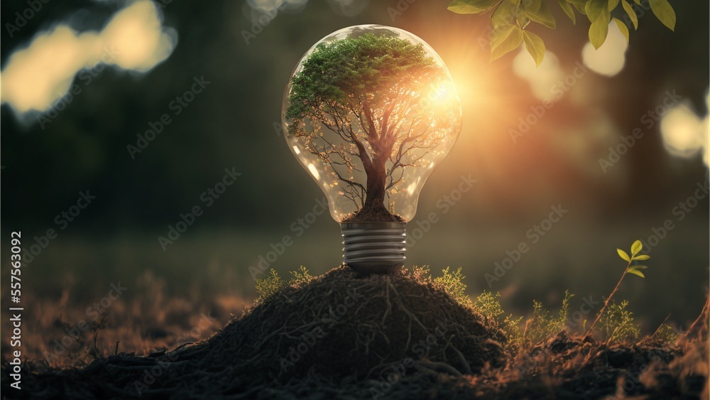 tree Growing on a Light Bulb, Surrounded by the nature, sunshine ...