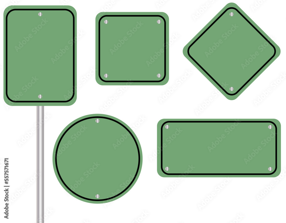 Green traffic signs. Set of empty boards isolated on white background ...