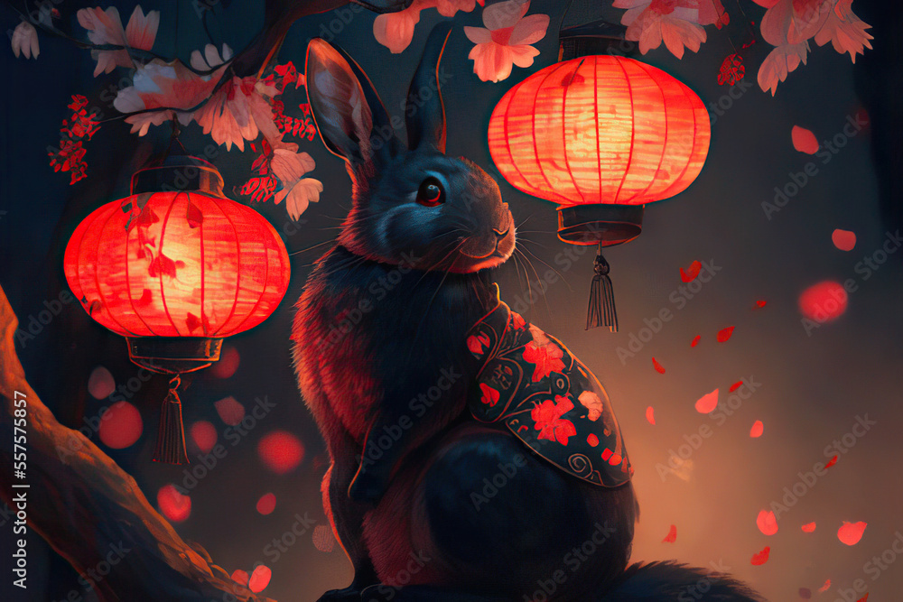 Black rabbit in a patterned cape with beautiful red Chinese lanterns ...