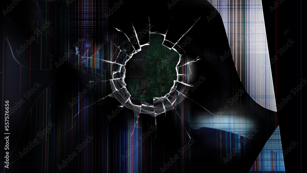 Broken black monitor screen. The effect of a broken screen with multi ...