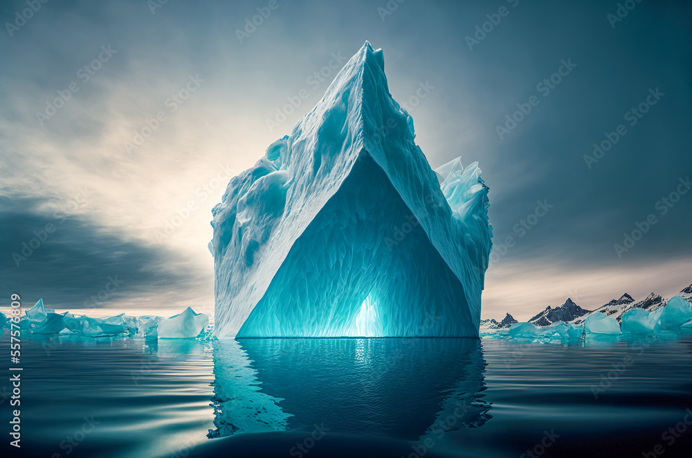 Iceberg With Above And Underwater View In The Ocean Affected By