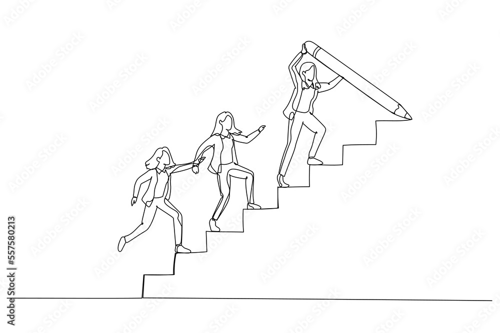 Drawing of businesswoman draw stair with pencil to lead team walk up ...