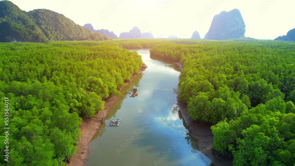 Drone flying over beautiful scenery at Phang Nga Bay during sunset ...