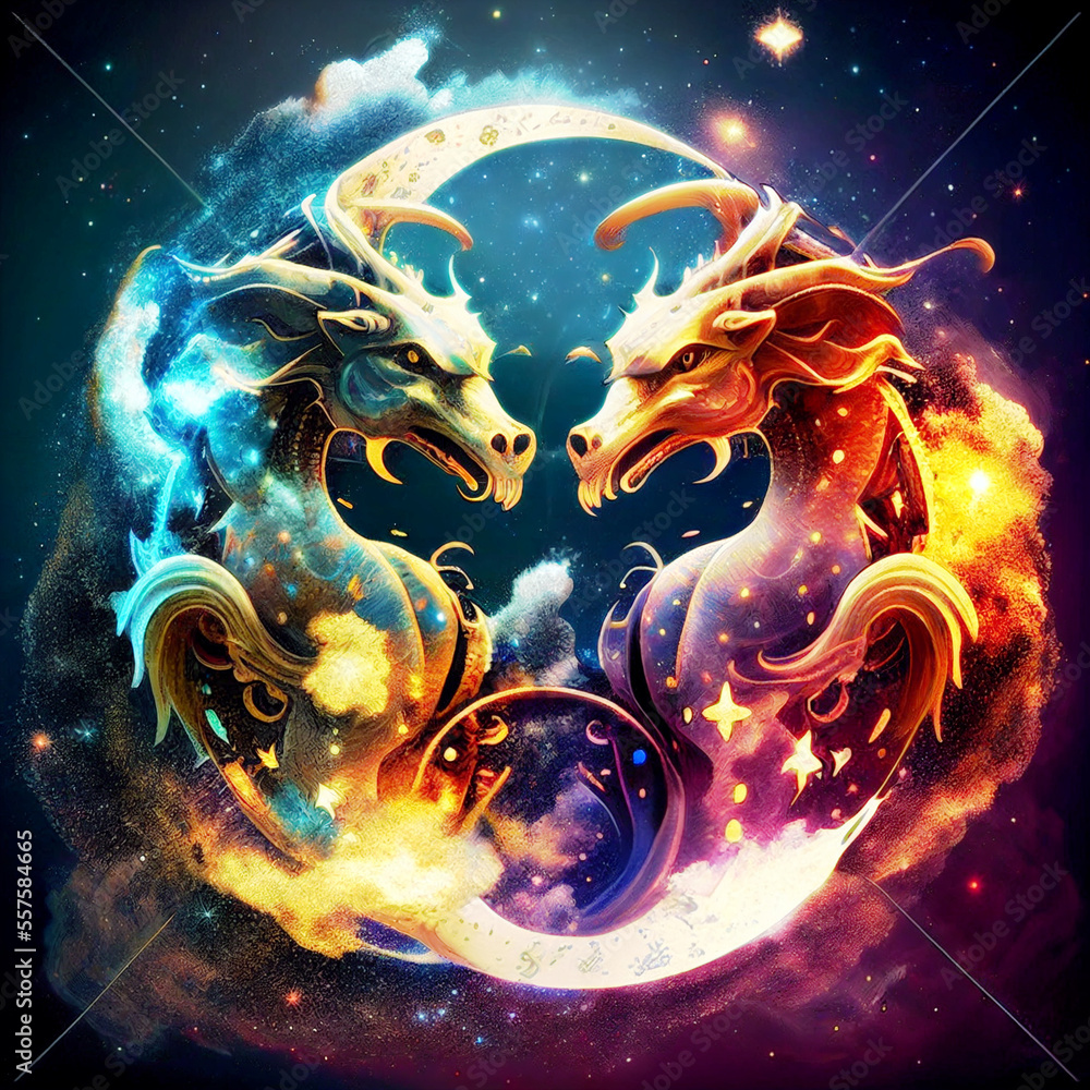 gemini sign, zodiac sign, gemios, cosmos, 3d, two dragons, dragon ...