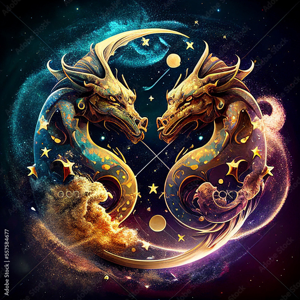 gemini sign, zodiac sign, gemios, cosmos, 3d, two dragons, dragon ...