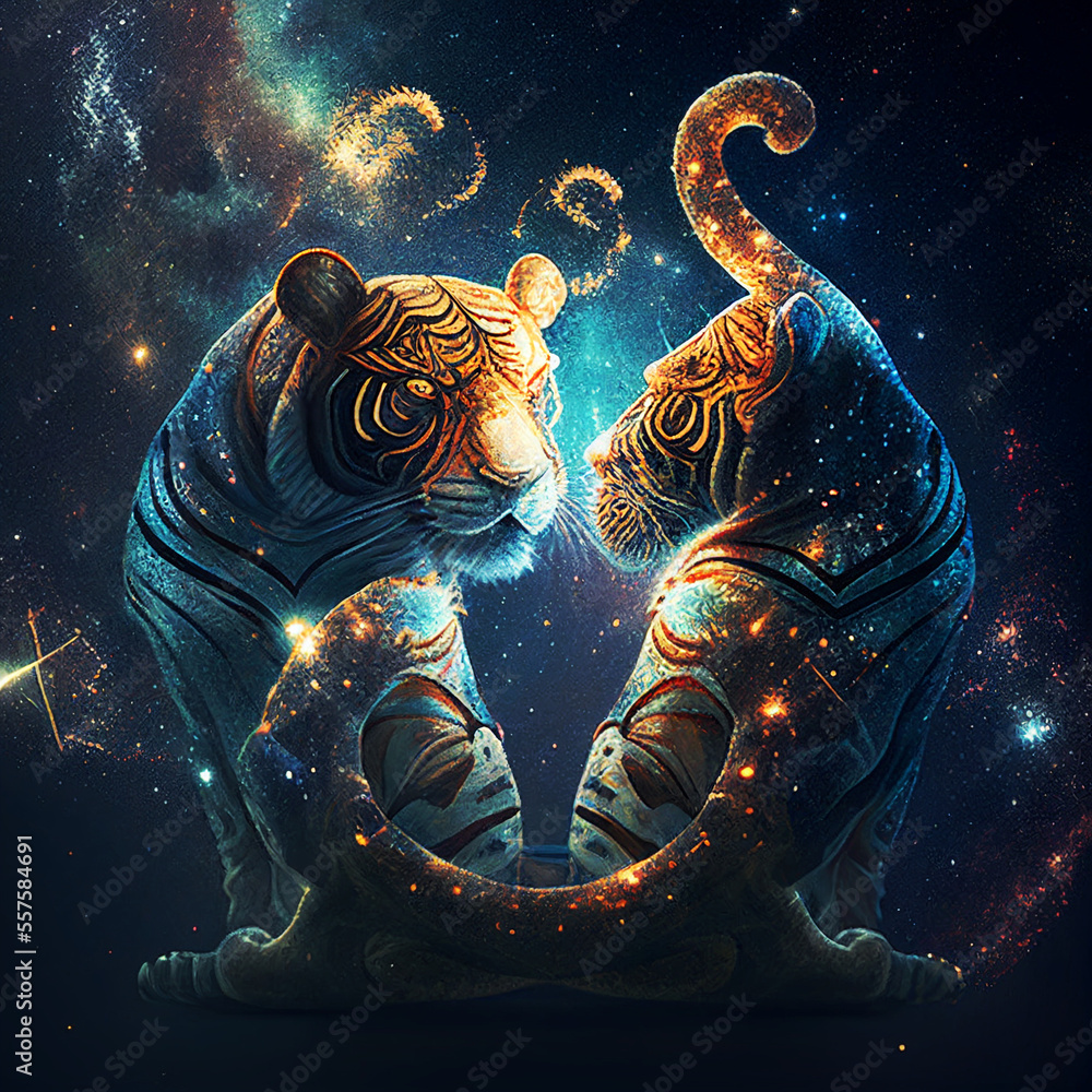gemini sign, zodiac sign, gemini, cosmos, 3d, two tigers, tiger ...