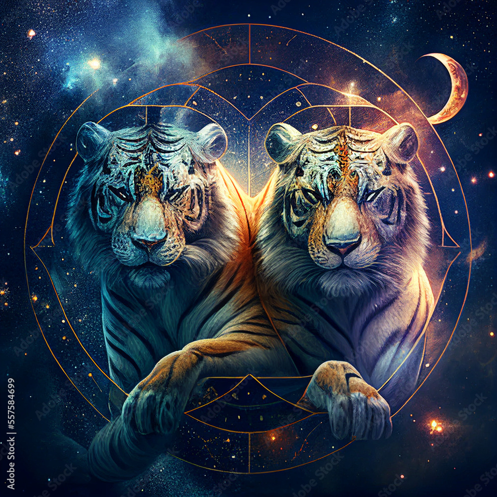 gemini sign, zodiac sign, gemini, cosmos, 3d, two tigers, tiger ...