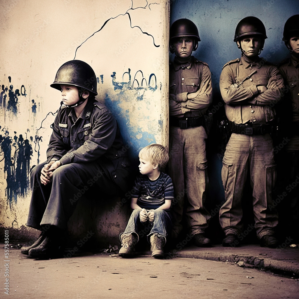 Sad boy and soldiers, Generative AI Stock Illustration | Adobe Stock
