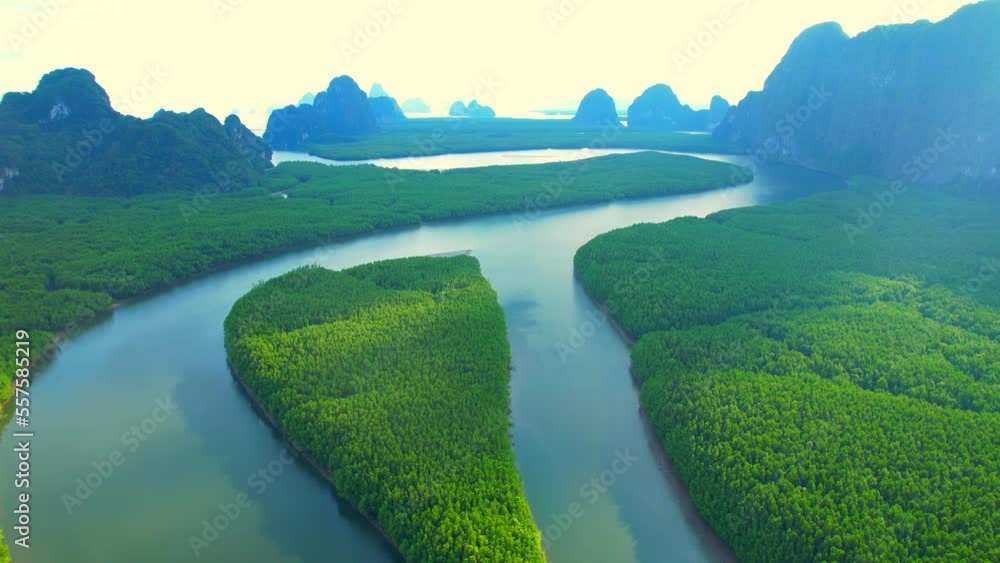 Drone flying over beautiful scenery at Phang Nga Bay during sunset ...