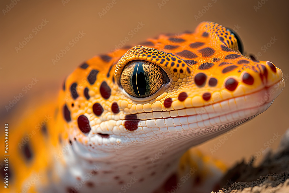 Leopard gecko face up close against a background of nature leopard ...