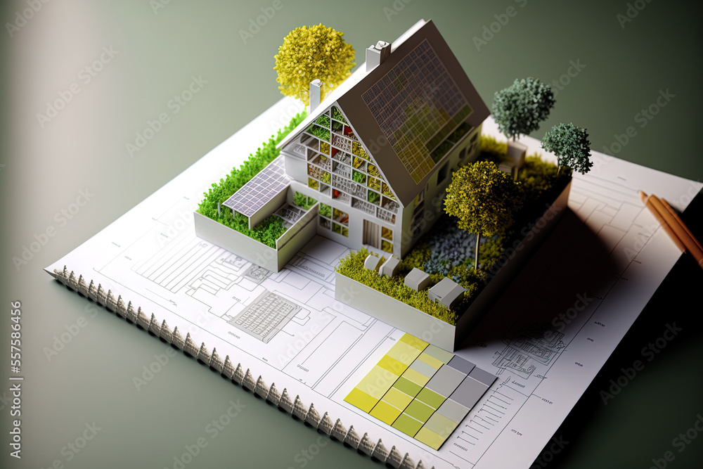 a plan, an energy efficiency chart, and other papers of a sustainable ...
