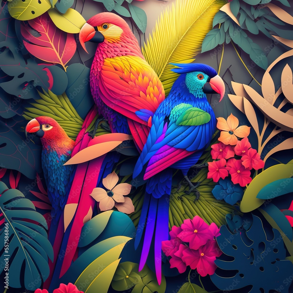 3d digital art. Drawing colorful wallpaper. tropical forest, multicolor ...