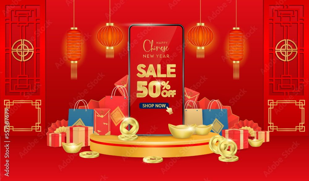 Chinese new year. Special offer sale 50% off campaign in smartphone on ...