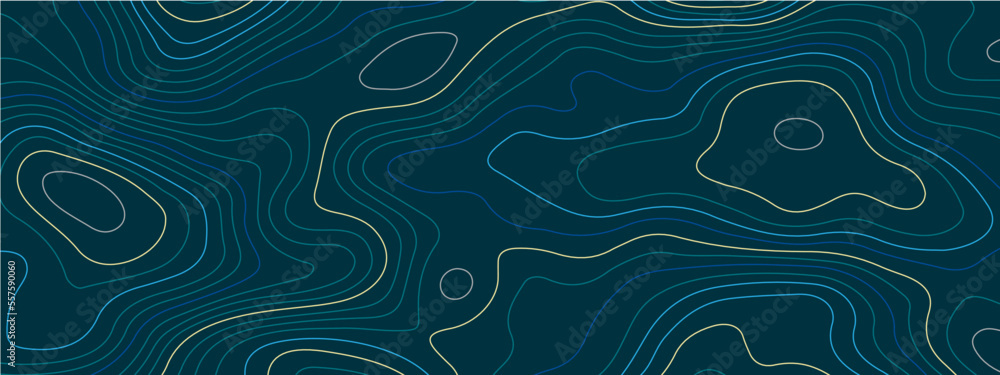 The stylized blue abstract topographic map with lines and circles ...