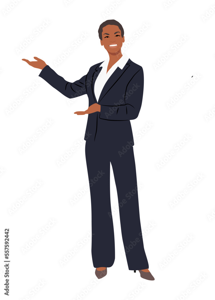 Businesswoman character standing, pointing, presenting. Pretty young ...