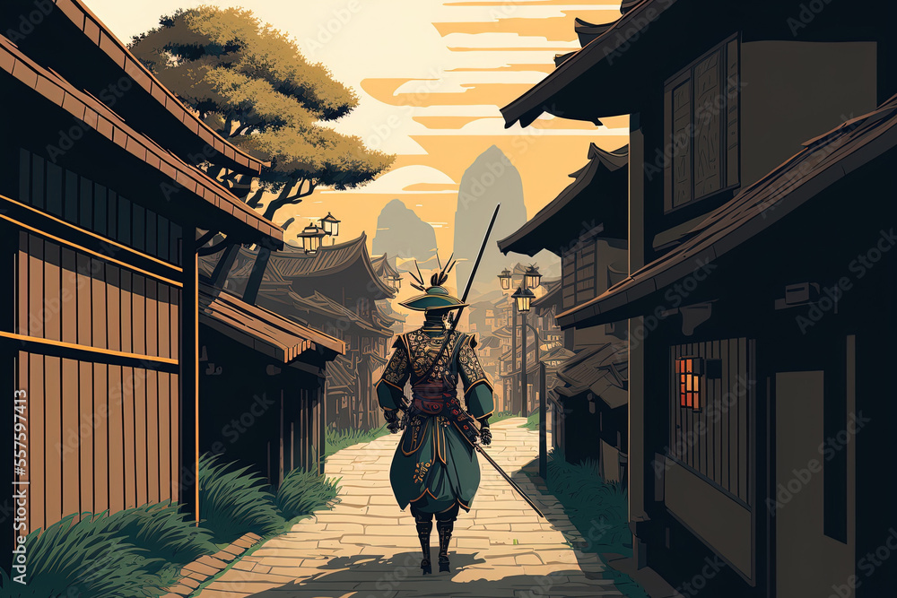 Walking along the street is a samurai holding a sword and wearing armor ...
