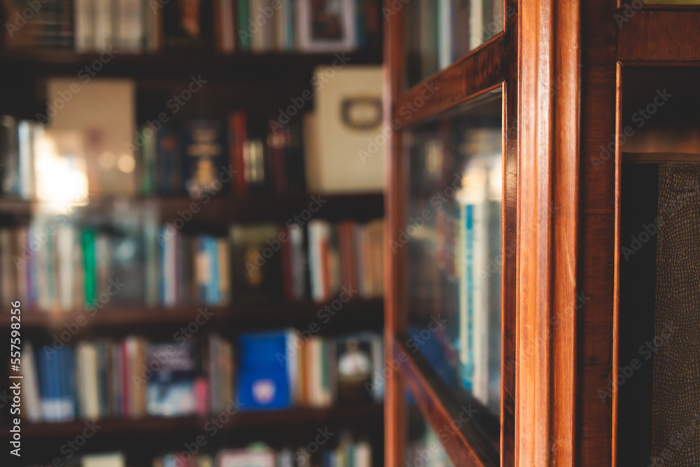 Old university college library interior with a bookshelves catalog ...