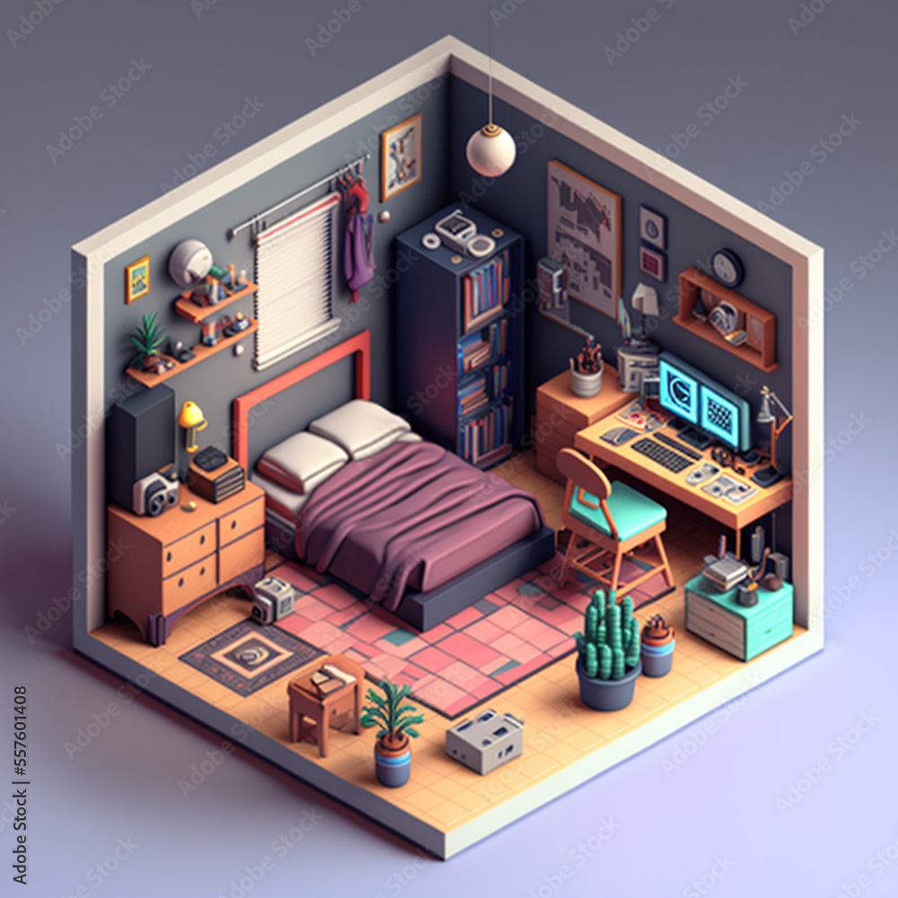 A Cute Isometric Room 3d Illustration Stock Illustration Adobe Stock
