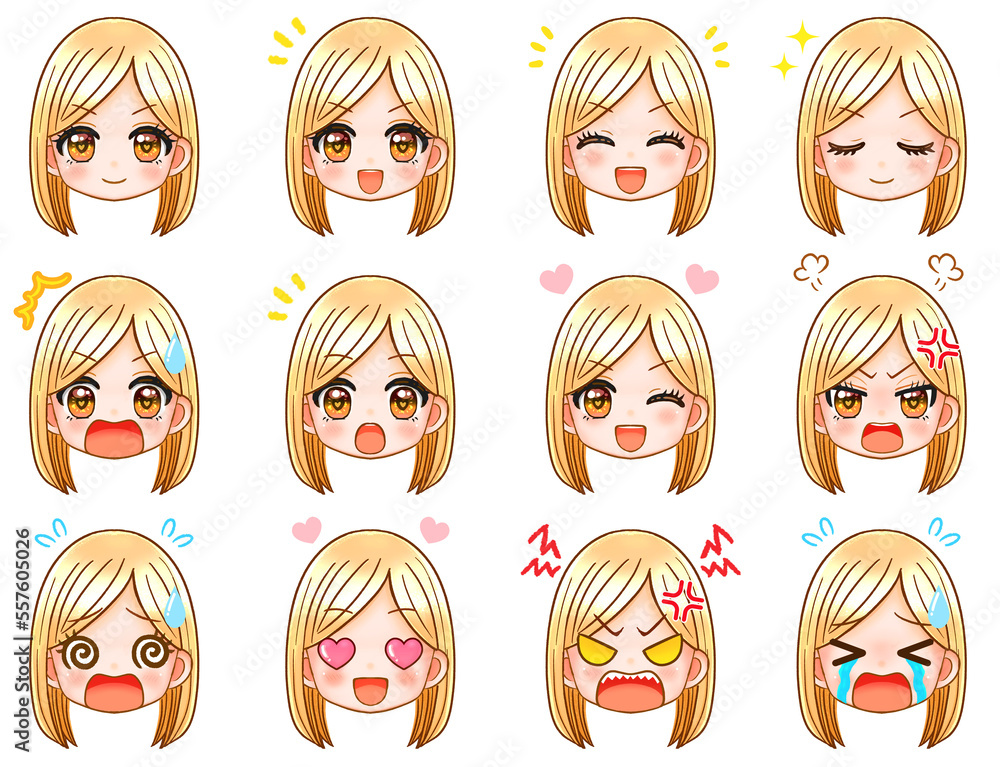 かわいい金髪ギャルのちびキャラ顔アイコンイラスト素材 ilustração do Stock | Adobe Stock