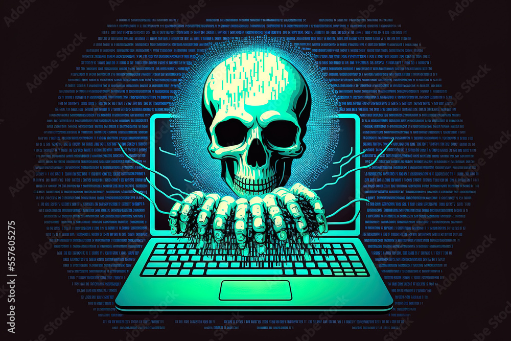 Hacking and phishing concept with an illustration of a code skull and ...