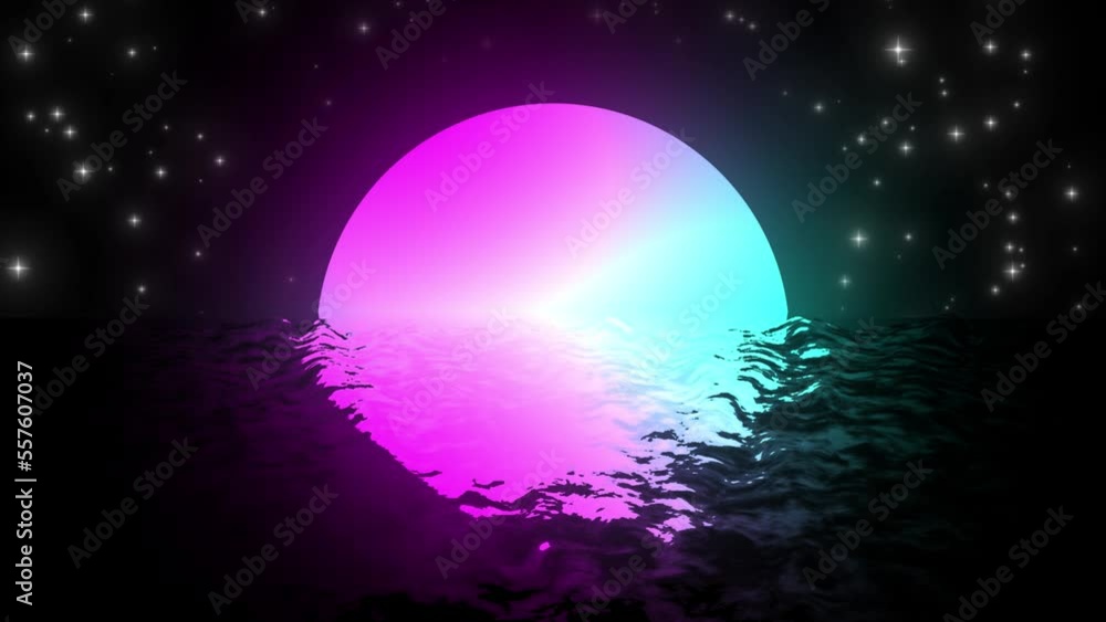 Moon Rising Form Water Surface With Blinking Stars Retro Animation ...