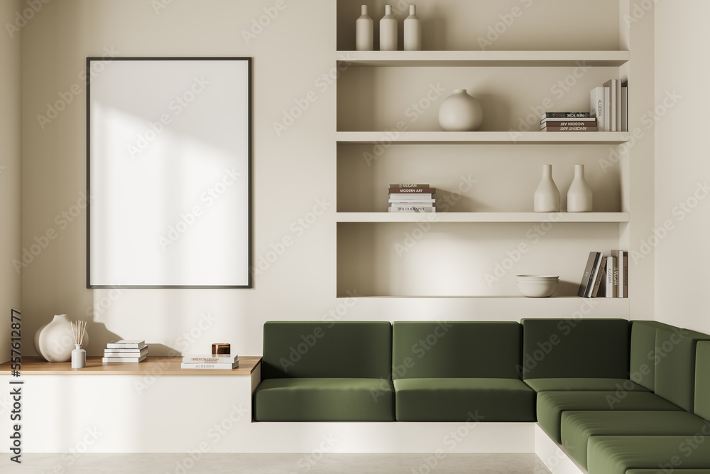 Front view on bright living room interior with empty poster Stock ...