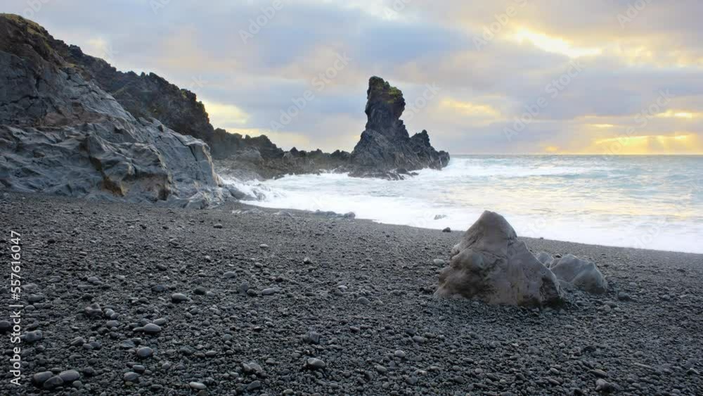 Volcanic Coastline with Black Cliff at Sunset, Volcanic Basalt Rocks ...