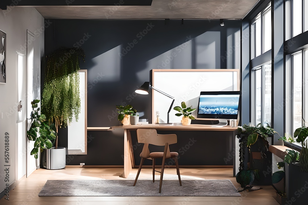 Cozy, Modern home office workplace with computer and desk, wooden floor ...