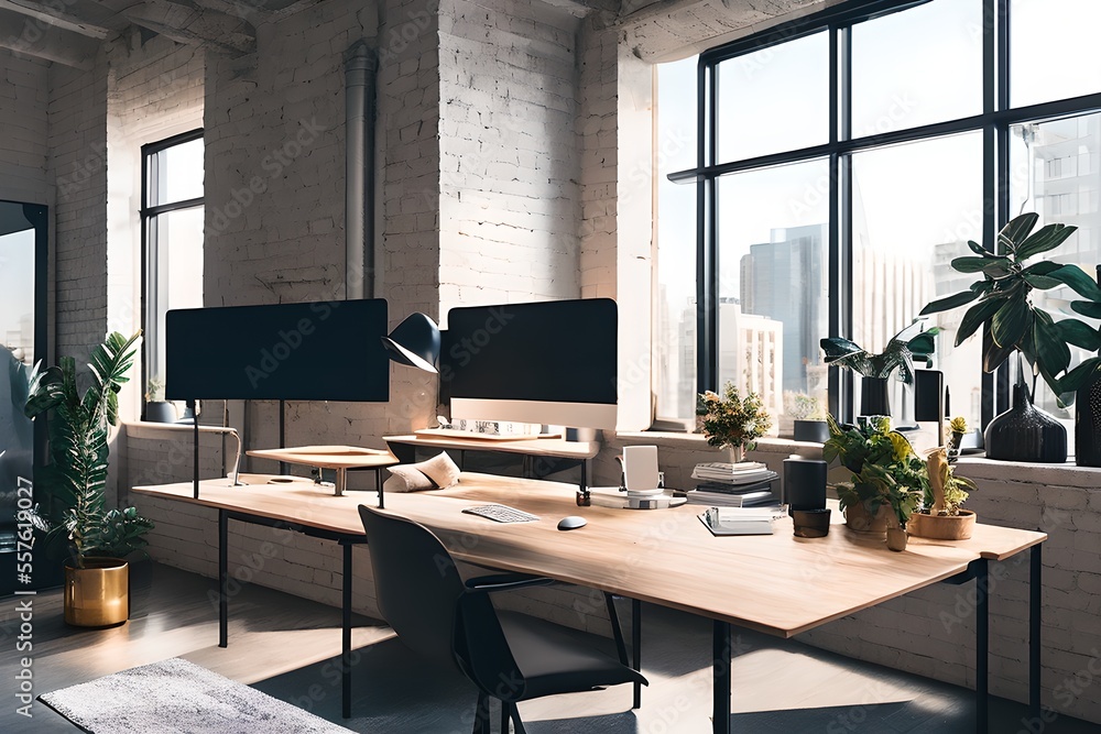 Cozy, Modern home office workplace with computer and desk, wooden floor ...