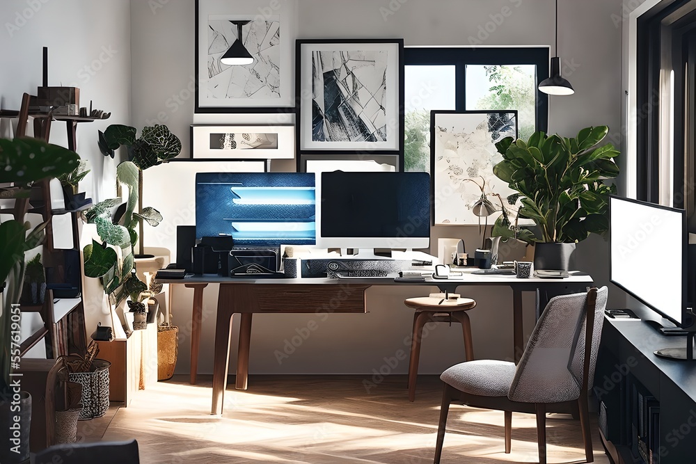 Cozy, Modern home office workplace with computer and desk, wooden floor ...