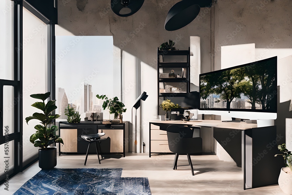 Cozy, Modern home office workplace with computer and desk, wooden floor ...