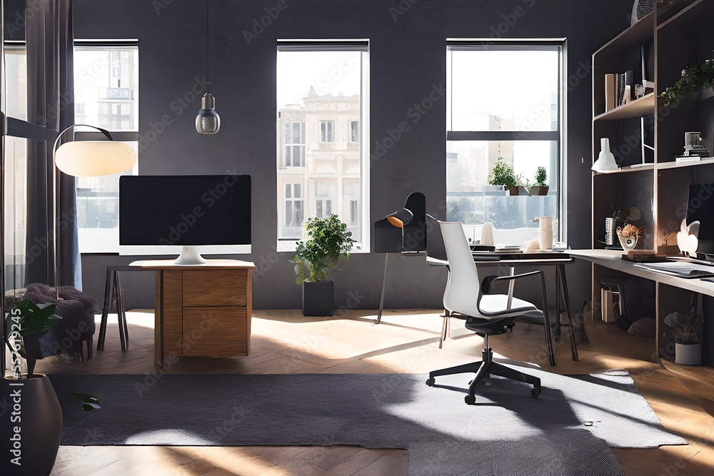 Cozy, Modern home office workplace with computer and desk, wooden floor ...