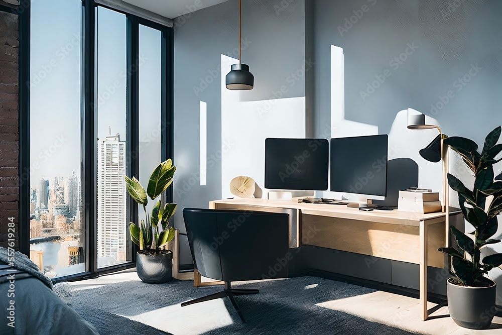 Cozy, Modern home office workplace with computer and desk, wooden floor ...