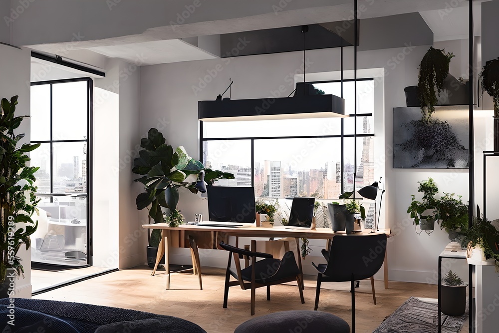 Cozy, Modern home office workplace with computer and desk, wooden floor ...