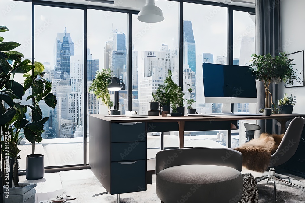 Cozy, Modern home office workplace with computer and desk, wooden floor ...